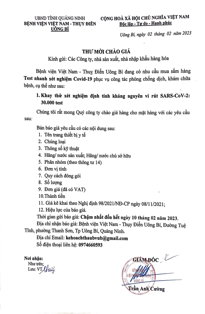 Thư mời chào giá test nhanh xét nghiệm Covid-19